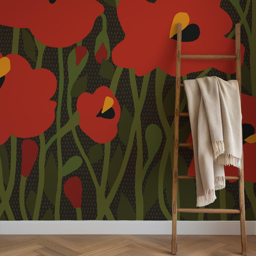 Poppy Fields Floral Wall Mural - Scarlet Shadows - Mitchell Black