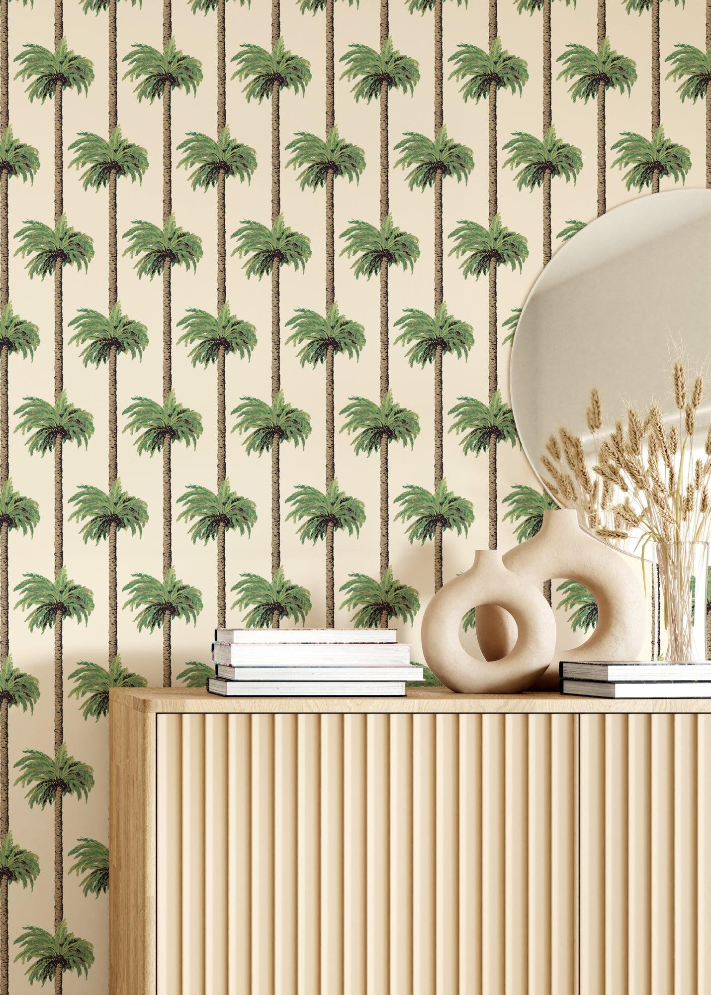 Retro Tiki Palm Trees - Linen Wallpaper - Mitchell Black
