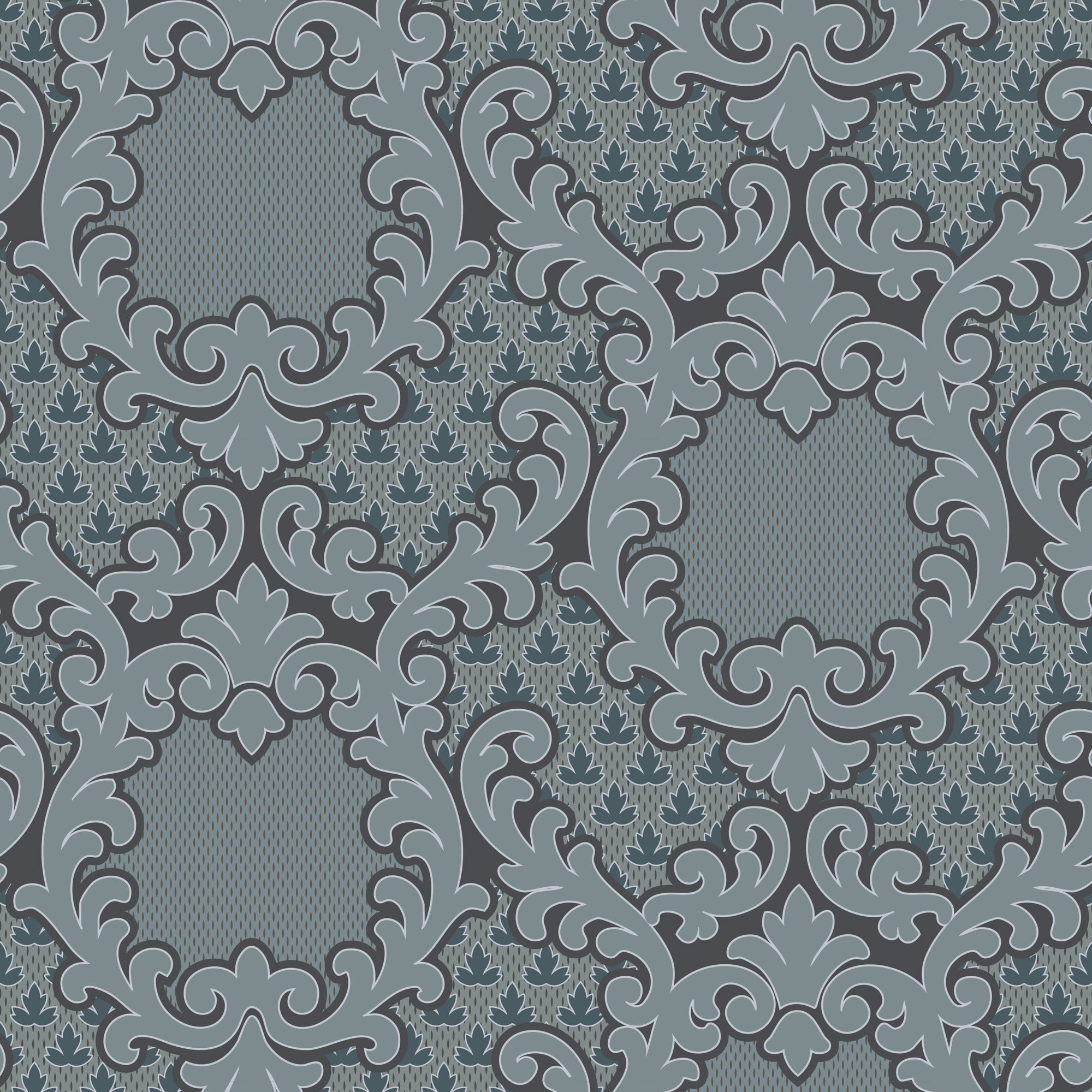 Shadow Leaf Damask - Pewter Blue Wallpaper - Mitchell Black